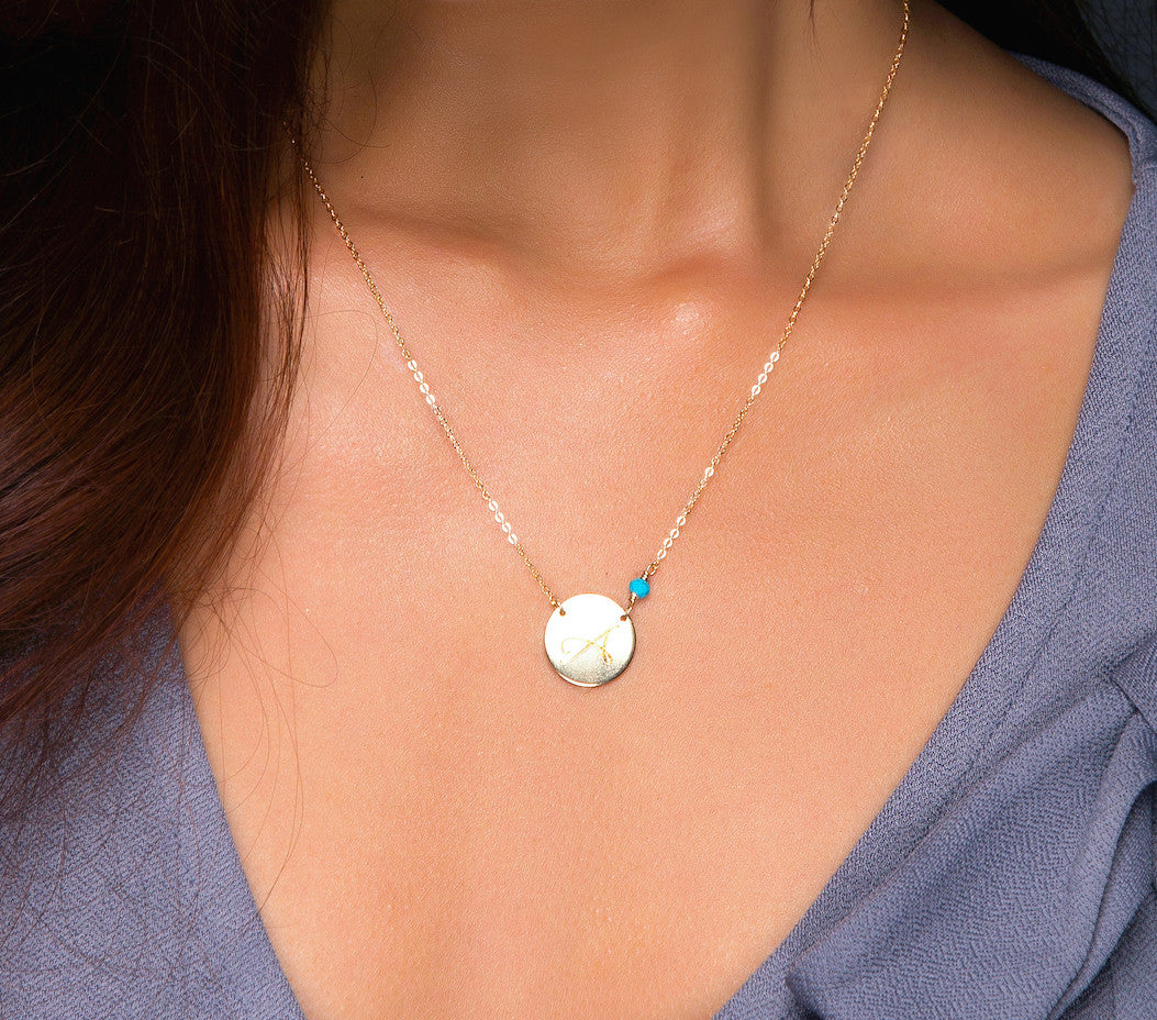 Personalized Large Initial Circle and Birthstone Necklace ...